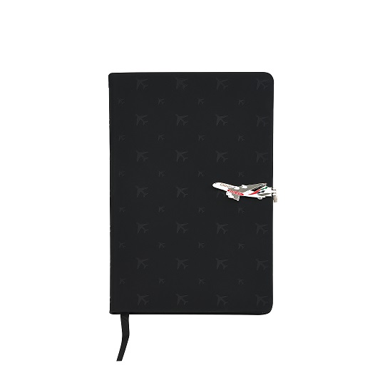 Emirates notebook with A380 2023 edition aircraft clip, black